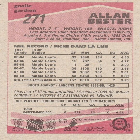 O Pee Chee | Toys | Allan Bester 989 O Pee Chee Hockey Card | Poshmark